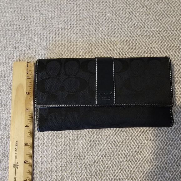 Coach | Bags | Coach Signature Stripe Black Wallet With Checkbook ...